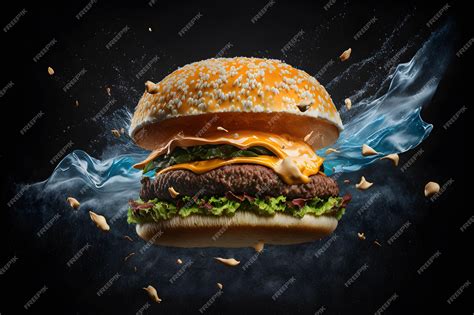 Premium Photo Delicious Cheese Hamburger Floating In The Air Generative Ai