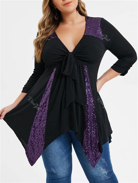 43 Off Plus Size Sequined Asymmetrical Knotted Tunic Tee Rosegal
