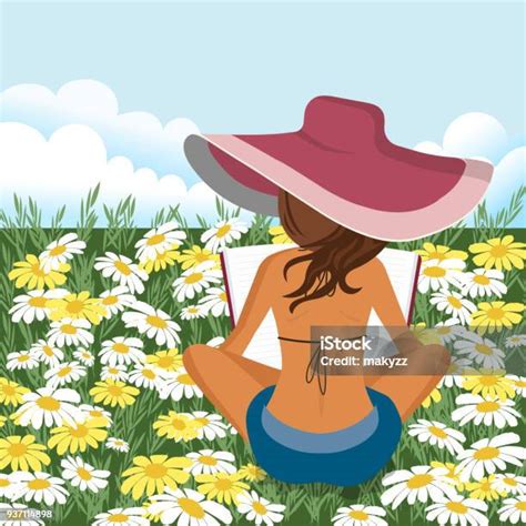 여 자가 읽기 책 야외 필드에 편안한 여자입니다 여름과 봄 배경입니다 평면 벡터 일러스트 레이 션 건강한 생활방식에 대한 스톡