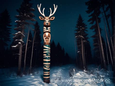 Mysterious Deer Totem Pole in Snowy Forest at Night | AI Art Generator