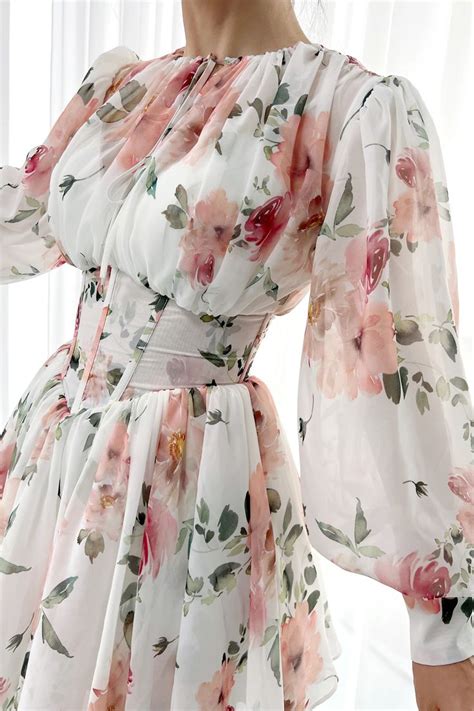 Missjophiel Puff Long Sleeves Floral Print Chiffon Mini Dress Chiffon