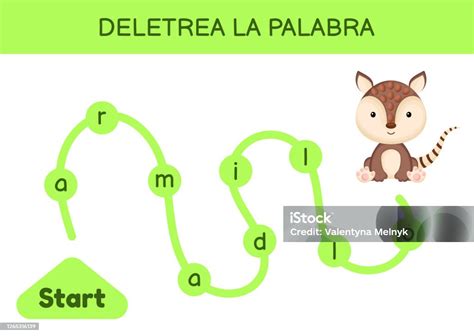 Deletrea 라 팔라브라 단어를 철자 아이들을위한 미로 맞춤법 단어 게임 템플릿 아르마딜로라는 단어를 읽는 법을 배웁니다 어린이 개발을위한 스페인어 학습활동 페이지 벡터