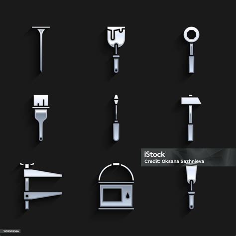 드라이버 페인트 통 퍼티 나이프 망치 클램프 도구 브러시 렌치 스패너 및 금속 네일 아이콘을 설정합니다 벡터 갈고리 발톱에 대한 스톡 벡터 아트 및 기타 이미지 Istock