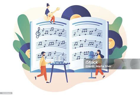 큰 음악 노트북 마이크 기타 키보드와 작은 음악가 음악과 보컬 레슨 온라인 교육 현대 플랫 만화 스타일 흰색 배경의 벡터 그림 음악학교에 대한 스톡 벡터 아트 및 기타