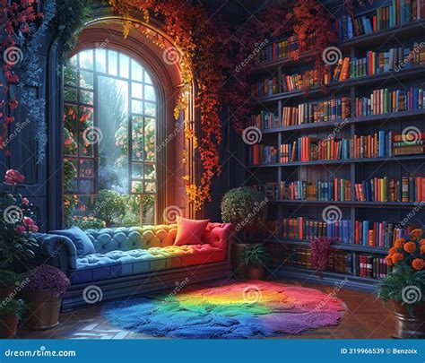 A Library With A Pride Month Book Display And Rainbow Decorations Stock