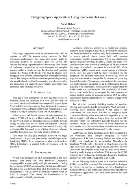 PDF Designing Space Applications Using Synthesisable Coresmicroelectronics Esa Int Vhdl Doc