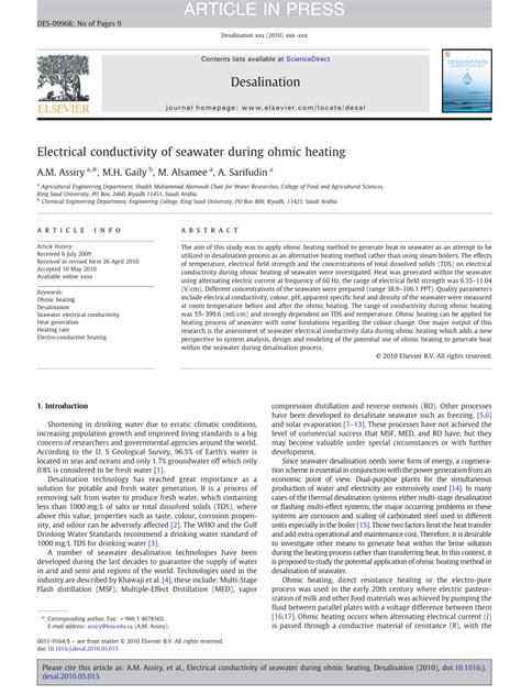 Pdf Electrical Conductivity Of Seawater During Ohmic Heating
