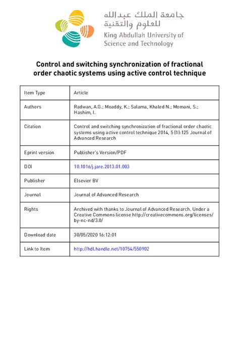 Pdf Control And Switching Synchronization Of Fractional Order Chaotic Systems Using Active