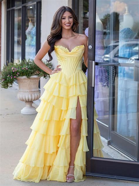 Ardea Yellow Strapless A Line Ruffle Long Prom Dress With Split