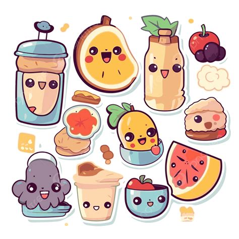 Cute Fruits And Snacks Vector Sticker Clipart Sticker Design With