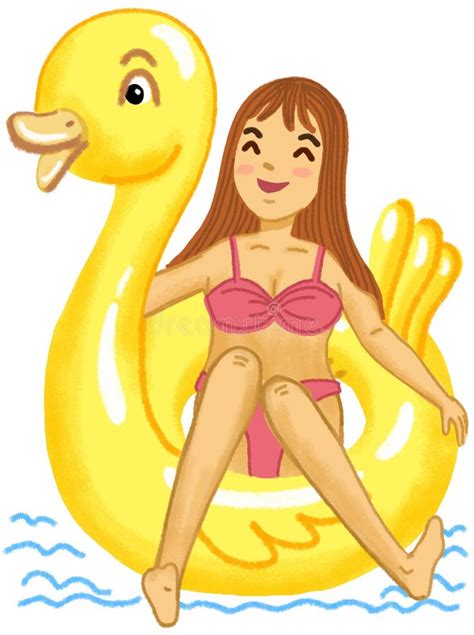 Woman Relaxing On Float Duck Rubber Ring Character Illustration