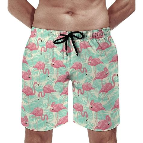 Mens Tropical Palm Banana Leaves Pink Flamingo Swim Trunks Quick Dry