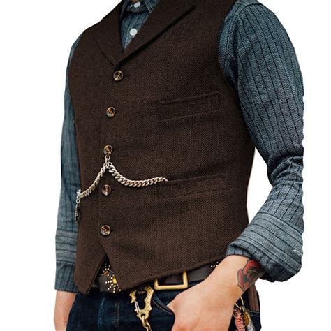 Herringbone Tweed Väst För Män Retro V Ringning Ull För Bal Coffee M