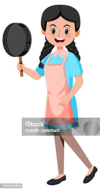 흰색 배경에 앞치마 만화 캐릭터를 입은 팬을 들고있는 여성 고용과 노동에 대한 스톡 벡터 아트 및 기타 이미지 고용과 노동