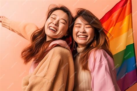 Casal De Lésbicas Asiáticas Alegres Com Bandeira Lgbtq De Arco íris