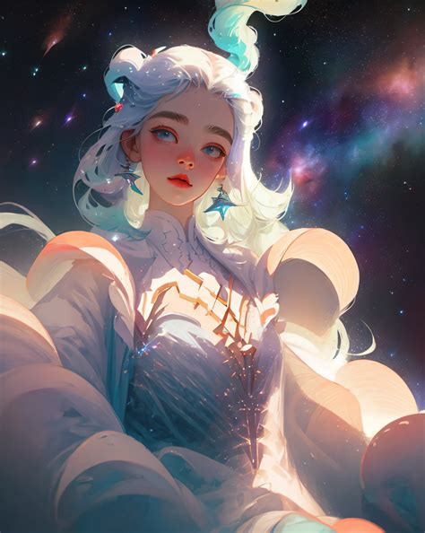 흰 머리에 파란 눈을 가진 여자가 은하계 한가운데에 앉아 있다 Seaart Ai