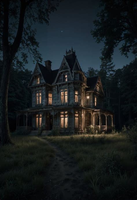 Old Abandoned Haunted Mansion Fantasy Illustration Creepy Night Forest