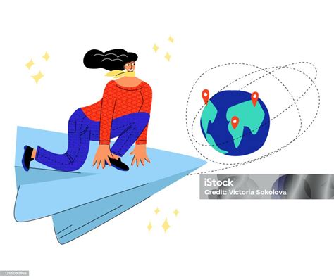 지상에 다양한 지점을 향해 종이 평면에 행복한 여자와 벡터 평면 추상 적 그림 개념에 대한 스톡 벡터 아트 및 기타 이미지