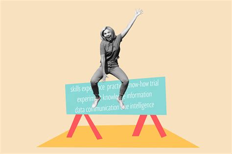 창조적 인 포스터 콜라주 젊은 정력적인 여자 도약 배너 플래카드 기술 경험 연습 코칭 교육 지성 25 29세에 대한 스톡 사진 및 기타 이미지 Istock