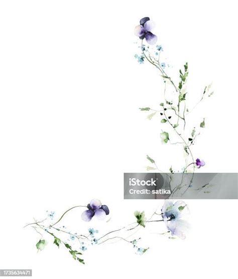 수채화는 흰색 바탕에 꽃무늬 둥근 프레임을 그렸다 보라색 푸른 야생화 녹색 가지 나뭇잎 수채화에 대한 스톡 벡터 아트 및 기타