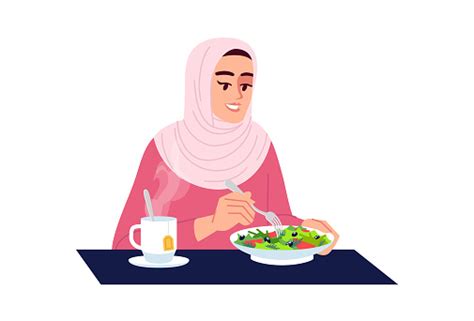 차 세미 플랫 Rgb 컬러 벡터 일러스트와 샐러드를 먹는 무슬림 여성 채식주의 영양 비타민 다이어트 흰색 배경에 건강한 음식 고립 만화 캐릭터를 즐기는 아랍 여자 먹기에