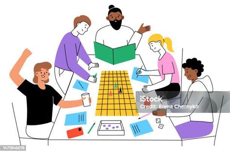 롤플레잉 보드 게임을 하는 친구들 탁상용 게임 손으로 그린 구성 테이블 주위에 만화 남성과 Femalу 캐릭터의 벡터 삽화 보드게임에 대한 스톡 벡터 아트 및 기타 이미지