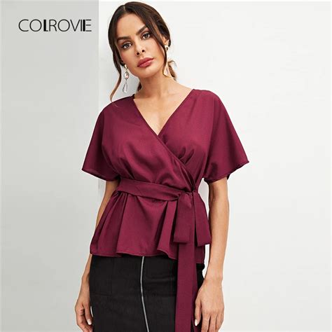 Colrovie Burgundy Solid Workwear Ruffle Wrap Peplum Blouse Shirt Women