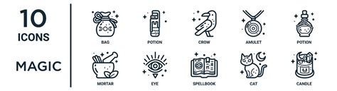 매직 개요 아이콘 세트에는 얇은 라인 가방 까마귀 물약 눈 고양이 촛불 보고서 프리젠 테이션 다이어그램 웹 디자인을위한 박격포 아이콘이 포함됩니다 가방에 대한 스톡 벡터