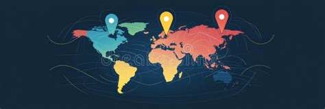 Colorful World Map With Location Pins Representing Different Regions And Connections In An