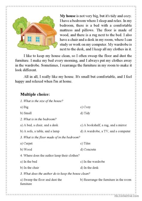 Reading Task My Cozy House For A1 English ESL Worksheets Pdf Doc