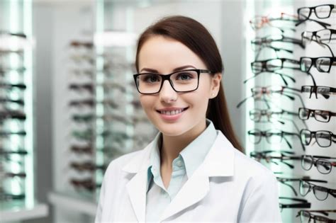Premium Ai Image Portrait Of A Beautiful Optometrist Standing In Front Of A Shelf Full Of