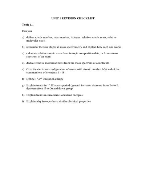 Checklist Unit 1 Aqa Chemistry A Level Pdf Chemical Bond