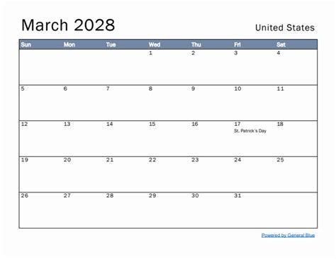 March 2028 Monthly Calendars With United States Holidays