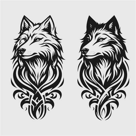 Lobo Con Flores Botánicas Vector De Diseño De Tatuaje Negro Vector