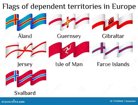 Flying Flags Of Europe Dependent Territories In Waves Stock Vector