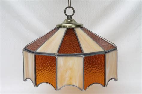 Vintage Leaded Glass Shade Light Fixture Amber Stained Glass Pendant
