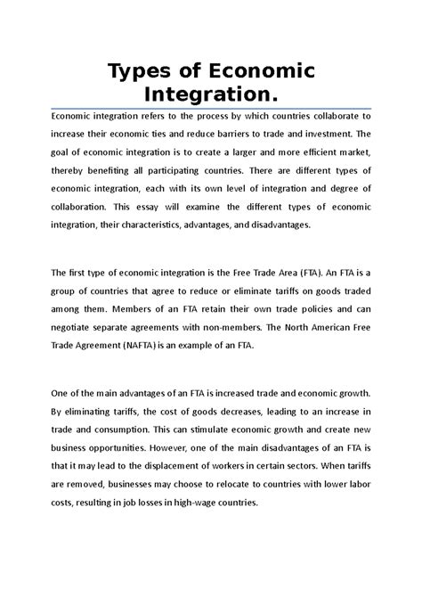 Brief Note On Types Of Economic Integration Types Of Economic
