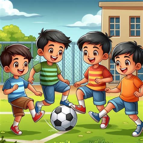 놀이터에서 축구를 하는 아이들 학교 이야기책에 대한 만화 일러스트레이션 Ai 이미지 프리미엄 사진