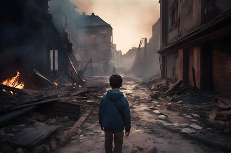 Un Niño Caminando Por La Calle En La Ciudad Destruida Foto Premium