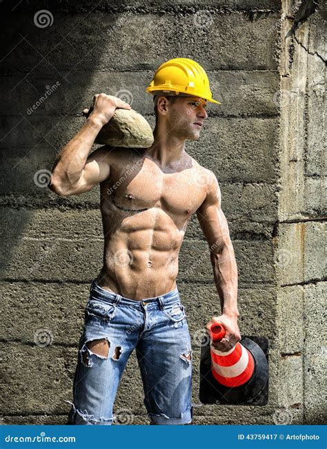 Handsome Muscular Construction Worker Shirtless Outdoor Stock Image Image 43759417