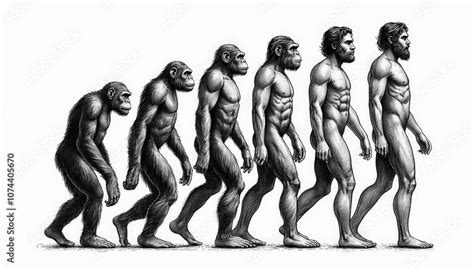 Evolution Of Man From Ape Through Various Stages To Modern Human Sketch Engraving Character