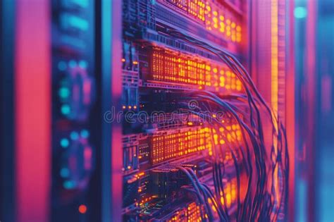 Server Room With Vibrant Glowing Data Cables Connected To Racks Representing High Speed Data