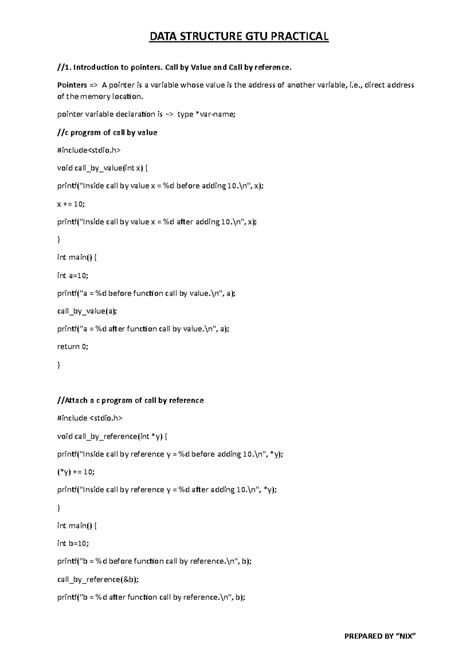Data Structure Practical Codes Gtu By Nix 1 Introduction To Pointers Call By Value And