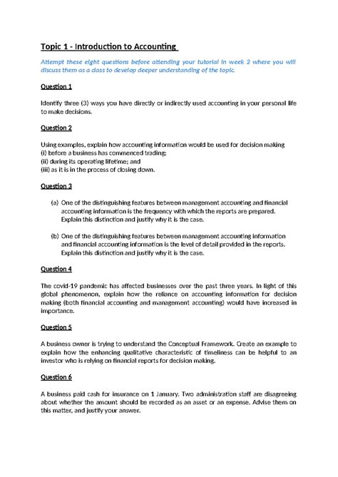 Topic 1 Tutorial Exercises Week 2 Topic 1 Introduction To