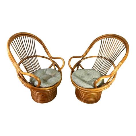 Vintage Paul Frankl Style Bamboo Rattan Swivel Chairs Set Of 2 Swivel Chair Chair Chair Set