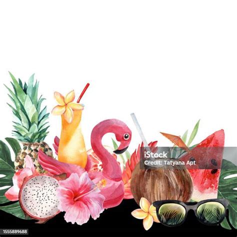 여름 방학 일러스트 세트입니다 수채화 그림 격리된 개체입니다 열대 휴양지에서의 여름 휴가 기념품 엽서 포스터 및 초대장 디자인을