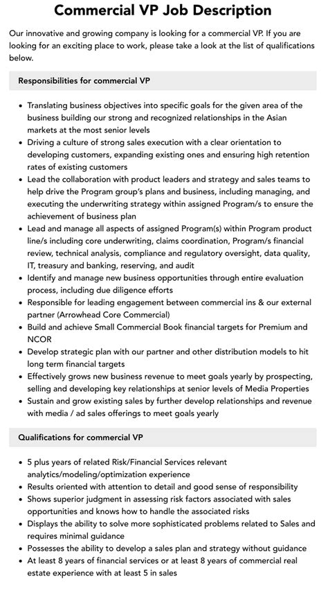 Commercial Vp Job Description Velvet Jobs