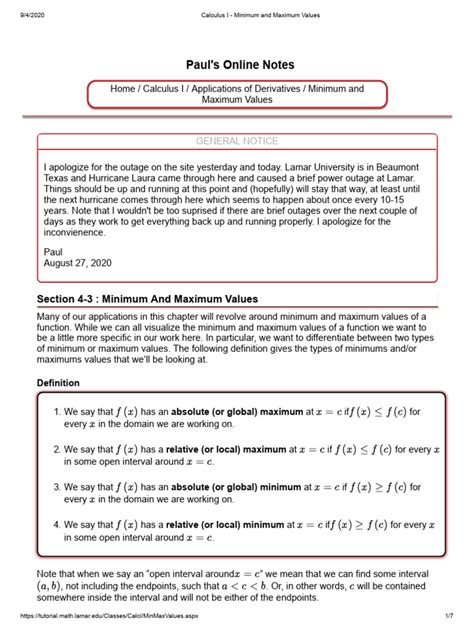 Week 004 Calculus I Minimum And Maximum Values Pdf Function