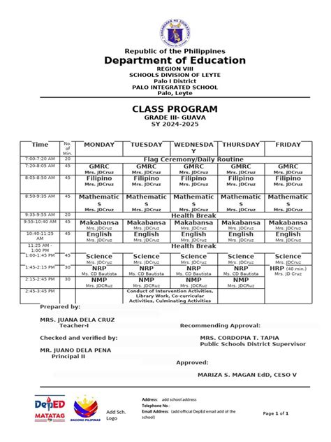 Class Program Template Unified For Qms Rosalinda Rodel Pdf