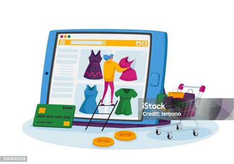 온라인 쇼핑 컨셉 사다리에 작은 여성 고객 캐릭터 스탠드 거대한 태블릿 인터넷 스토어에 드레스를 선택 전자 상거래에 대한 스톡 벡터 아트 및 기타 이미지 Istock